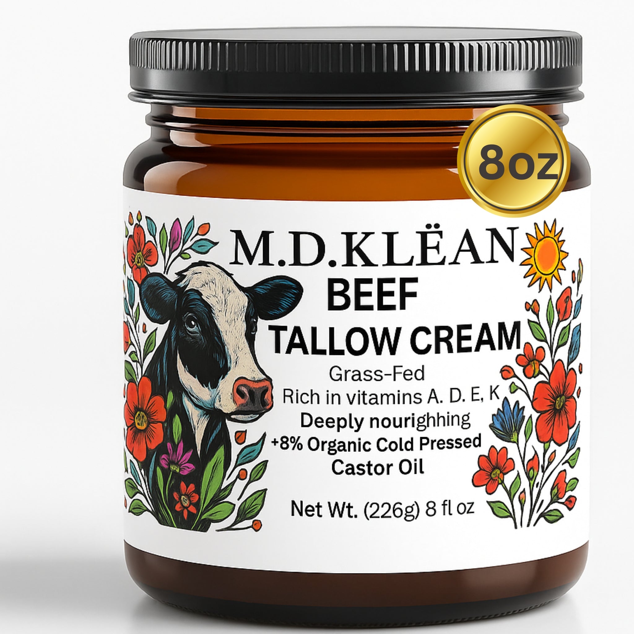 Hand Made Whipped Beef Tallow Balm 8 oz Glass Jar with infused castor ...