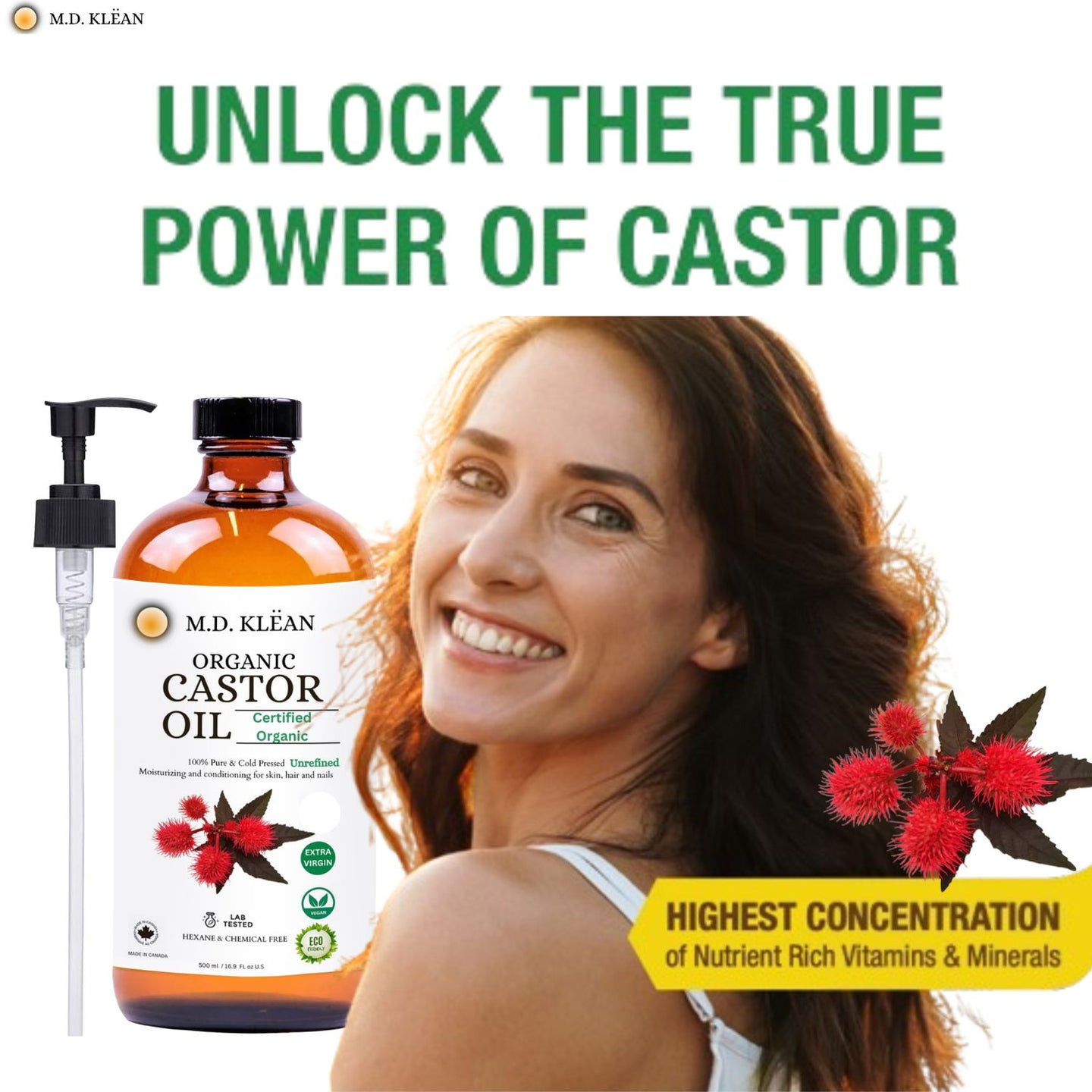 M.D. KLEAN 500 ml Organic Castor Oil - Cold Pressed Unrefined, Hexane Free - Extra Virgin, Lab ...