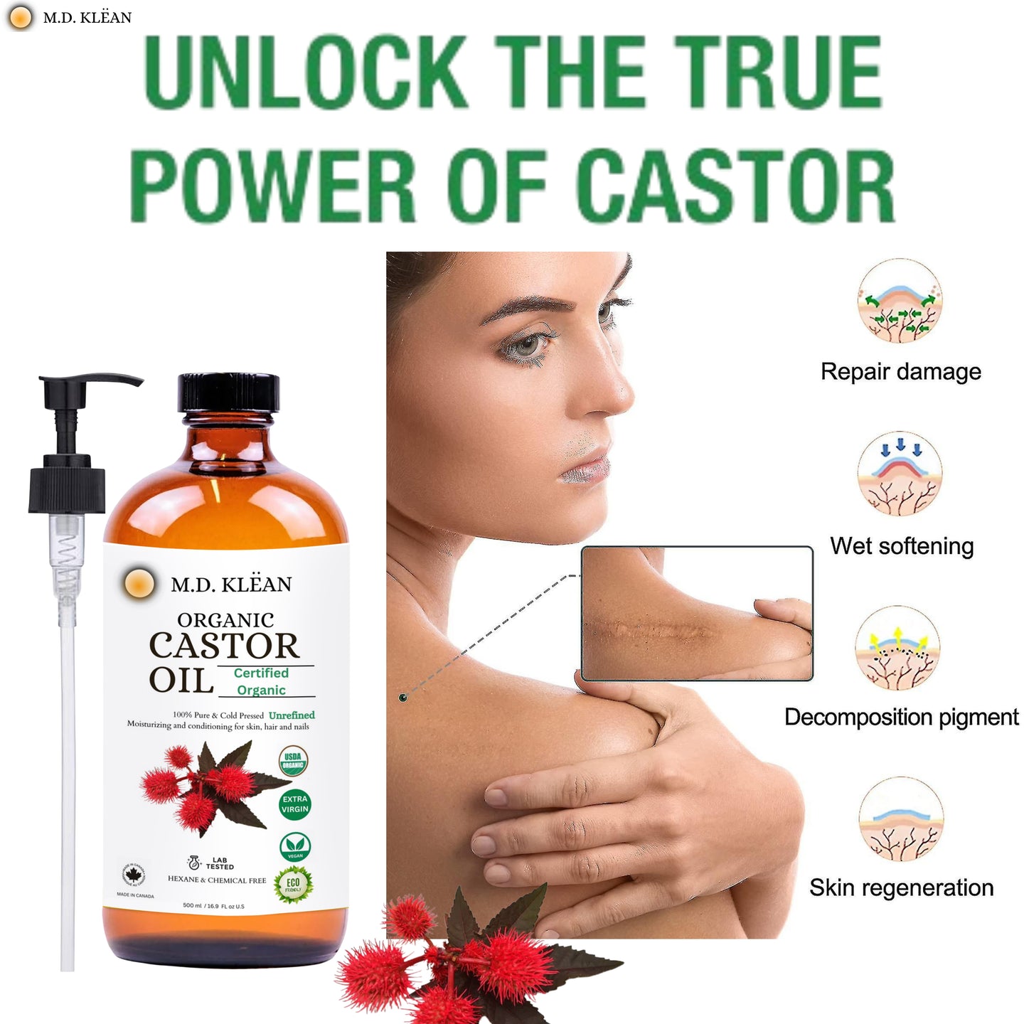 M.D. Klean Organic Cold Pressed Castor Oil (560 ml) 60 ML Dropper + Pu ...